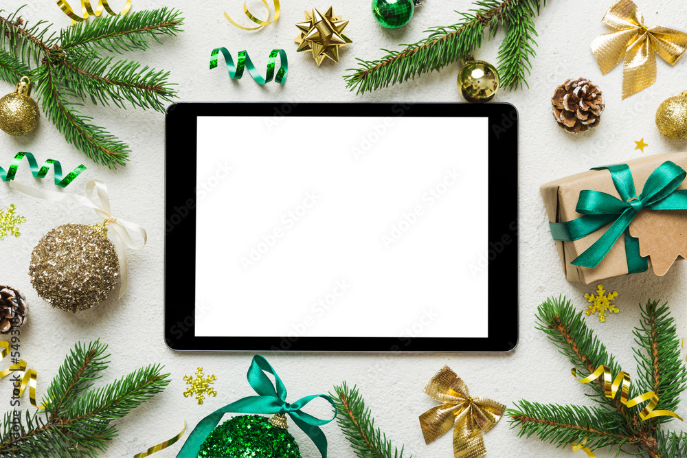 Digital tablet mock up with rustic Christmas decorations for app ...