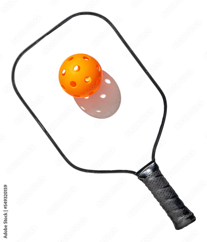 Colorfull indoor orange Pickleball with black and white paddle on ...