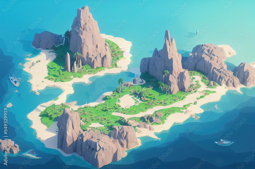 Stylized landscape, an island in the ocean. Game design. Isometric view ...