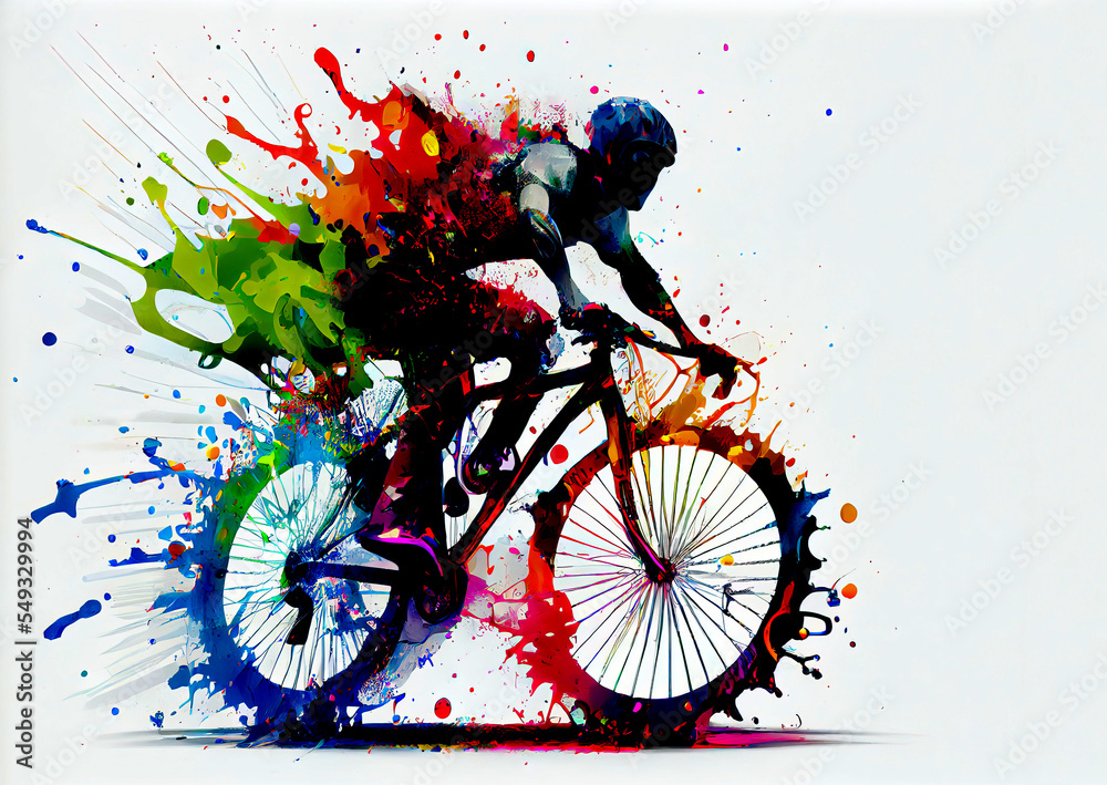 Stylized silhouette of a cyclist, with paint splashes. colorful paints ...