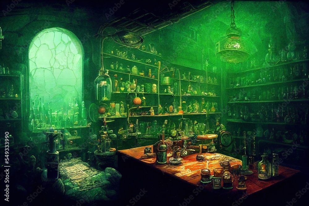 wizard's old room, many potions on shelves, gloving potions, bright ...