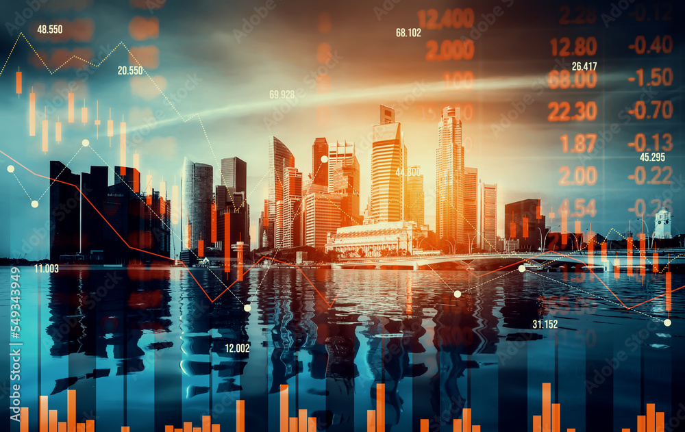 Economic crisis concept shown by declining graphs and digital ...