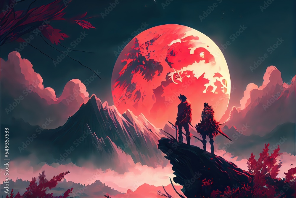 Mountain and clouds digital wallpaper, two anime character standing on ...