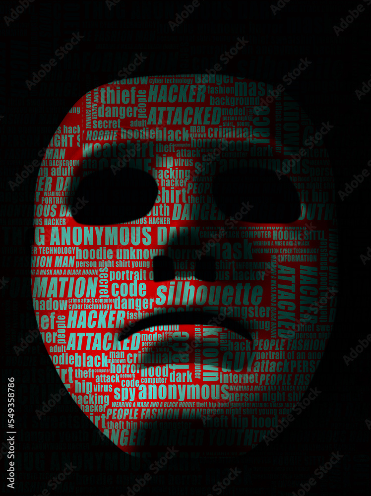 The red mask with many characters is the symbol of the attacker hacker ...