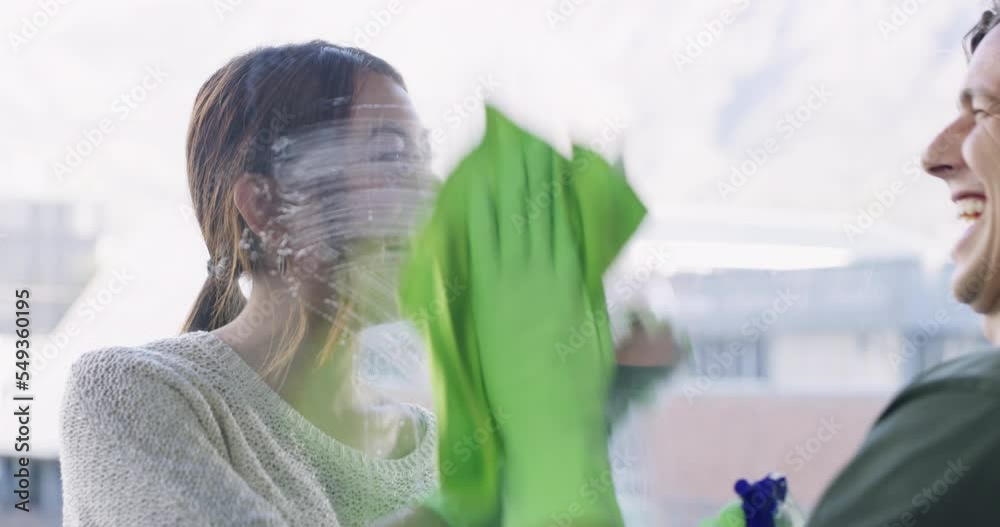 Love, home and couple cleaning window having fun, drawing shapes and ...