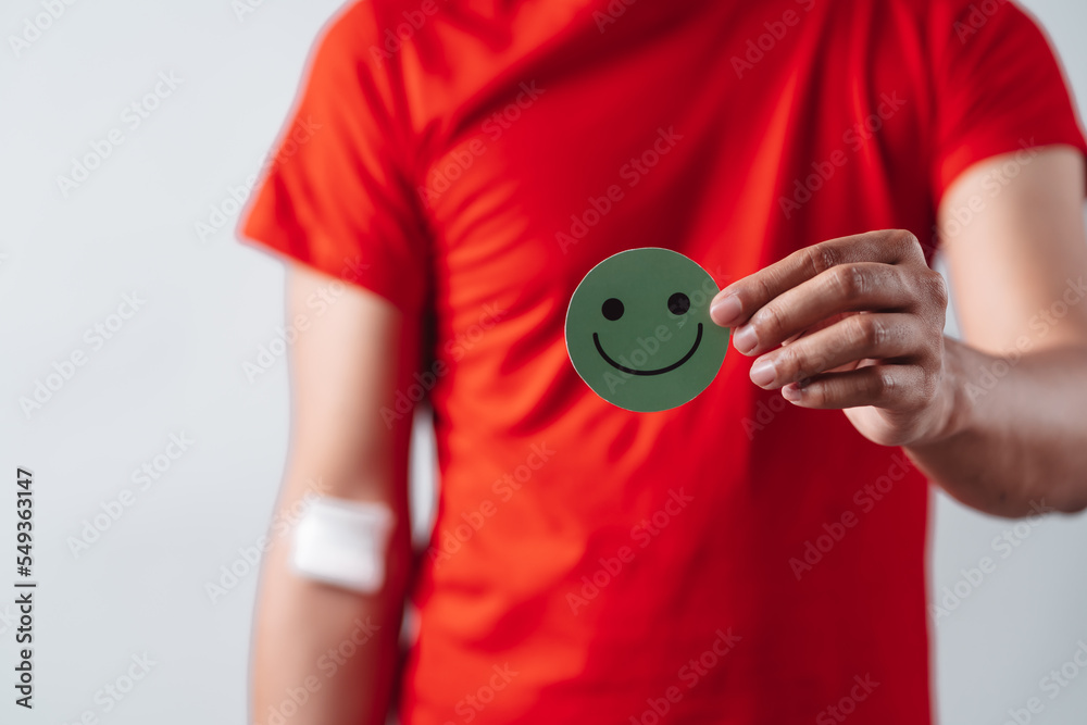 man hands holding smile face after donation blood, blood transfusion ...