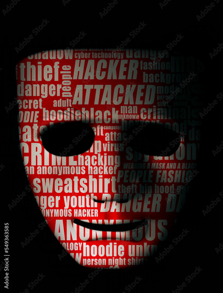 The red mask with many characters is the symbol of the attacker hacker ...