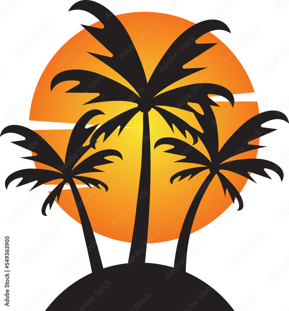 Palm tree silhouette with sunset. Summer symbol island, trees and sun ...