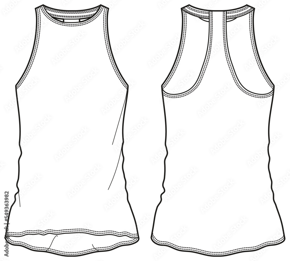 Women's sleeveless racer back loose fit Tank top vest flat sketch ...