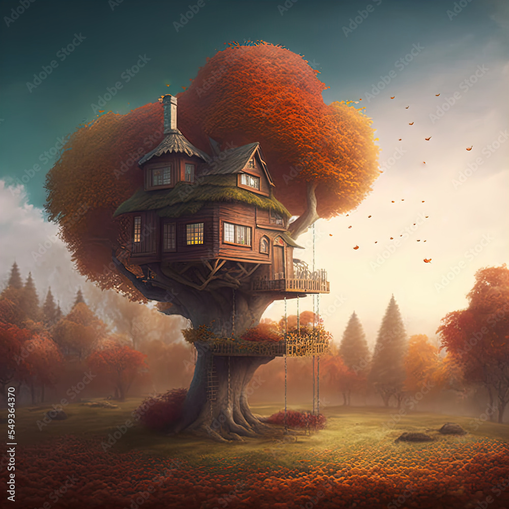 Fantasy treehouse. Dwelling of magical creatures like elves, gnomes ...