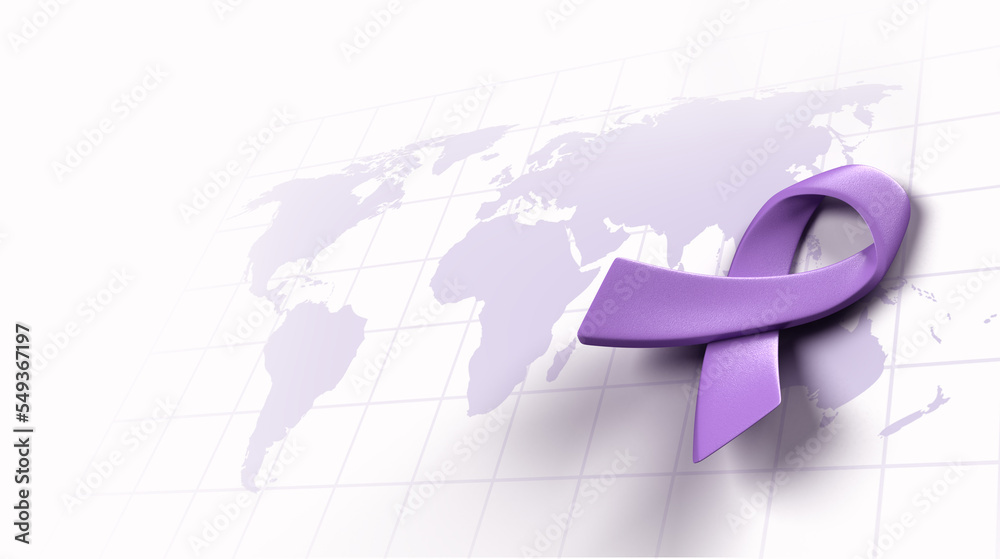 Violet lavender awareness ribbon on world map to sign symbol of World ...