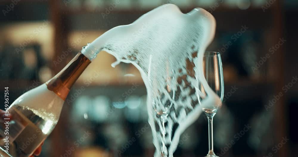 Champagne popping, glasses and a celebration at luxury event or party ...