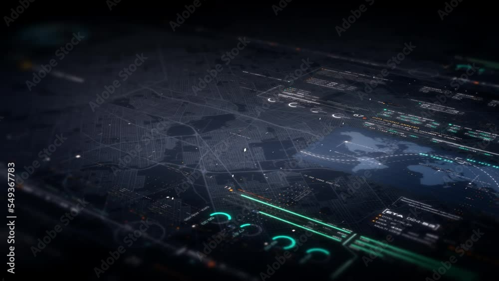 Futuristic motion graphic user interface head up display screen with digital data city map ...