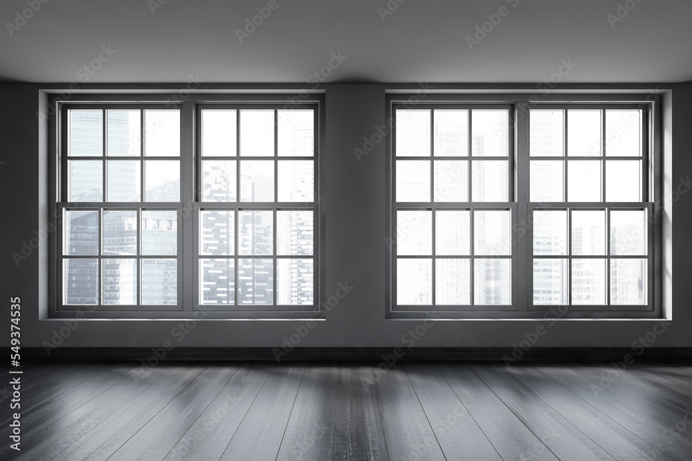 Dark empty room interior with panoramic windows with Singapore city ...