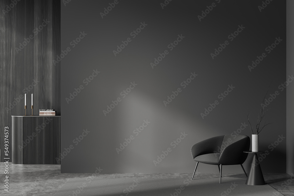 Dark living room interior with armchair, empty grey wall Stock ...