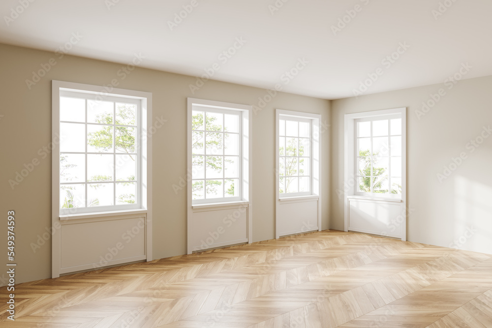 Corner view on bright empty room interior with panoramic windows Stock ...