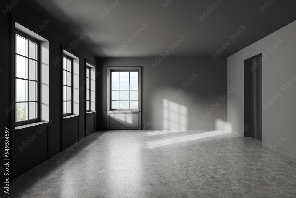 Side view on dark empty room interior with panoramic windows Stock ...