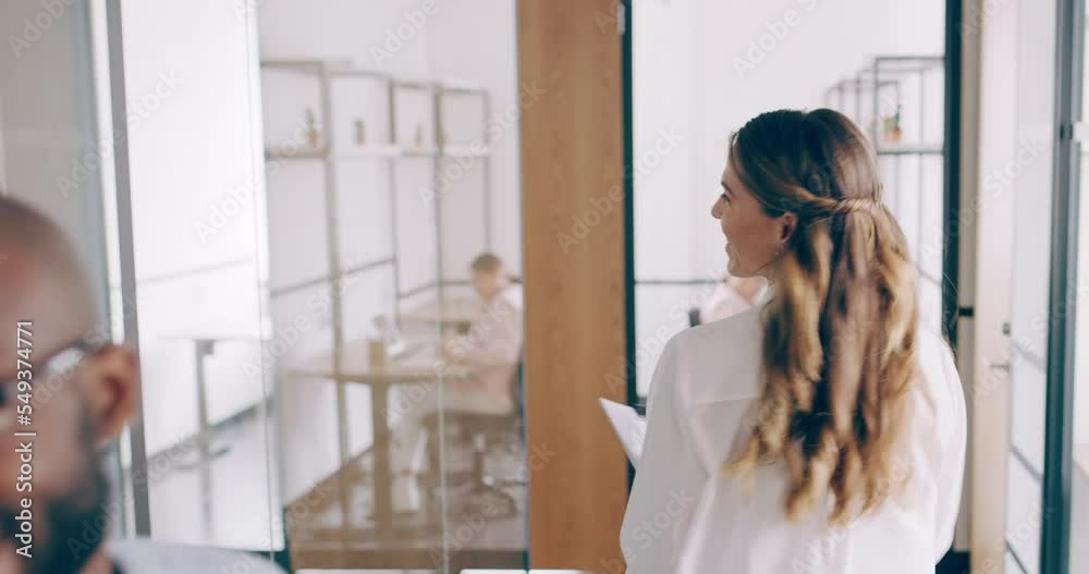 Office, diversity and people walking portrait with wink of woman at ...