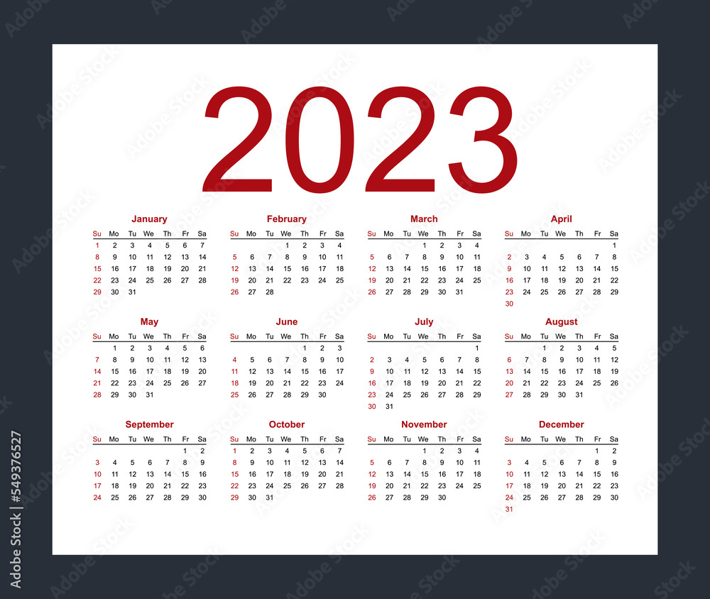 Calendar template for 2023 year. Week starts from Sunday. Isolated ...