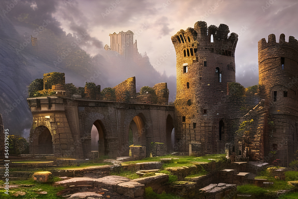 Fantasy landscape with ruins of Mediaeval Castle in the mountains. Digital illustration. CG ...