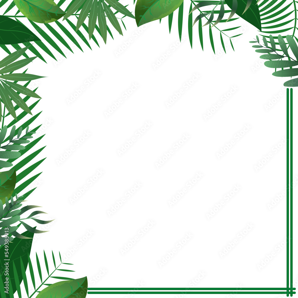 Green tropical leaves square frame on white background. Vector ...
