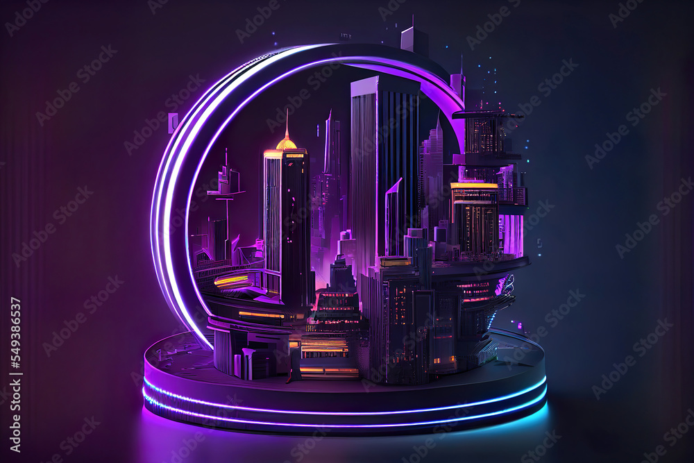 diorama of abstract futuristic cyberpunk city skyline with neon lights ...