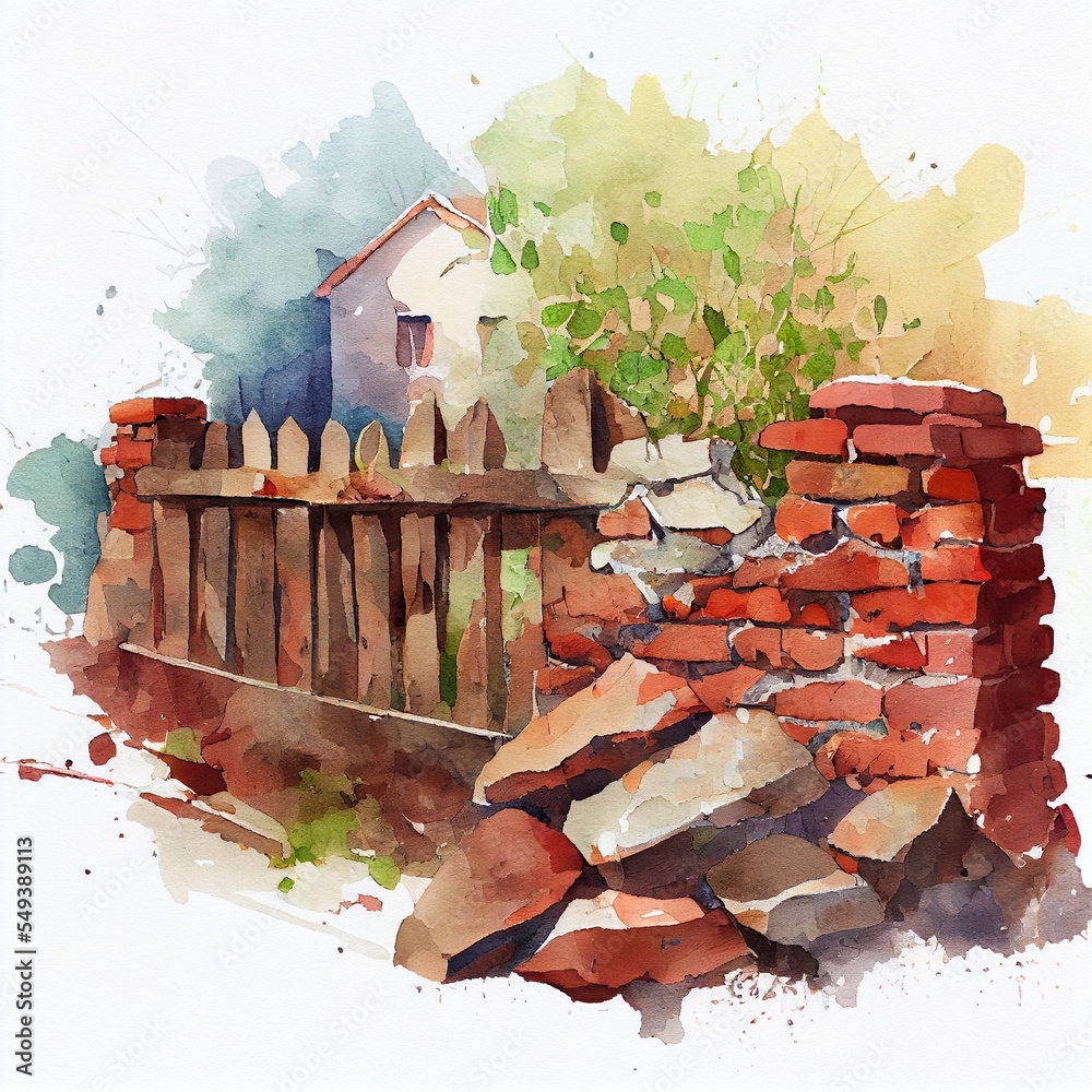 watercolor textures of building materials, a brick wall with a house ...