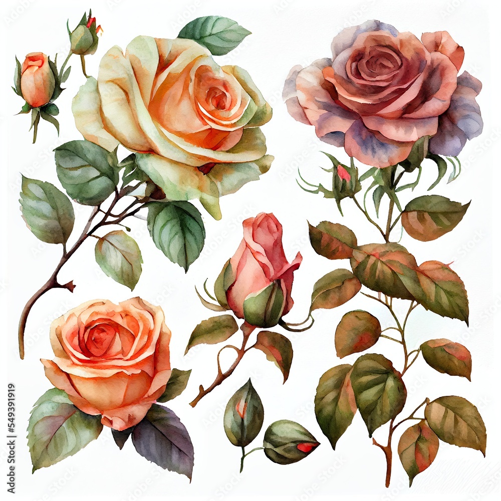 set roses on isolated white, a group of roses, illustration with flower ...