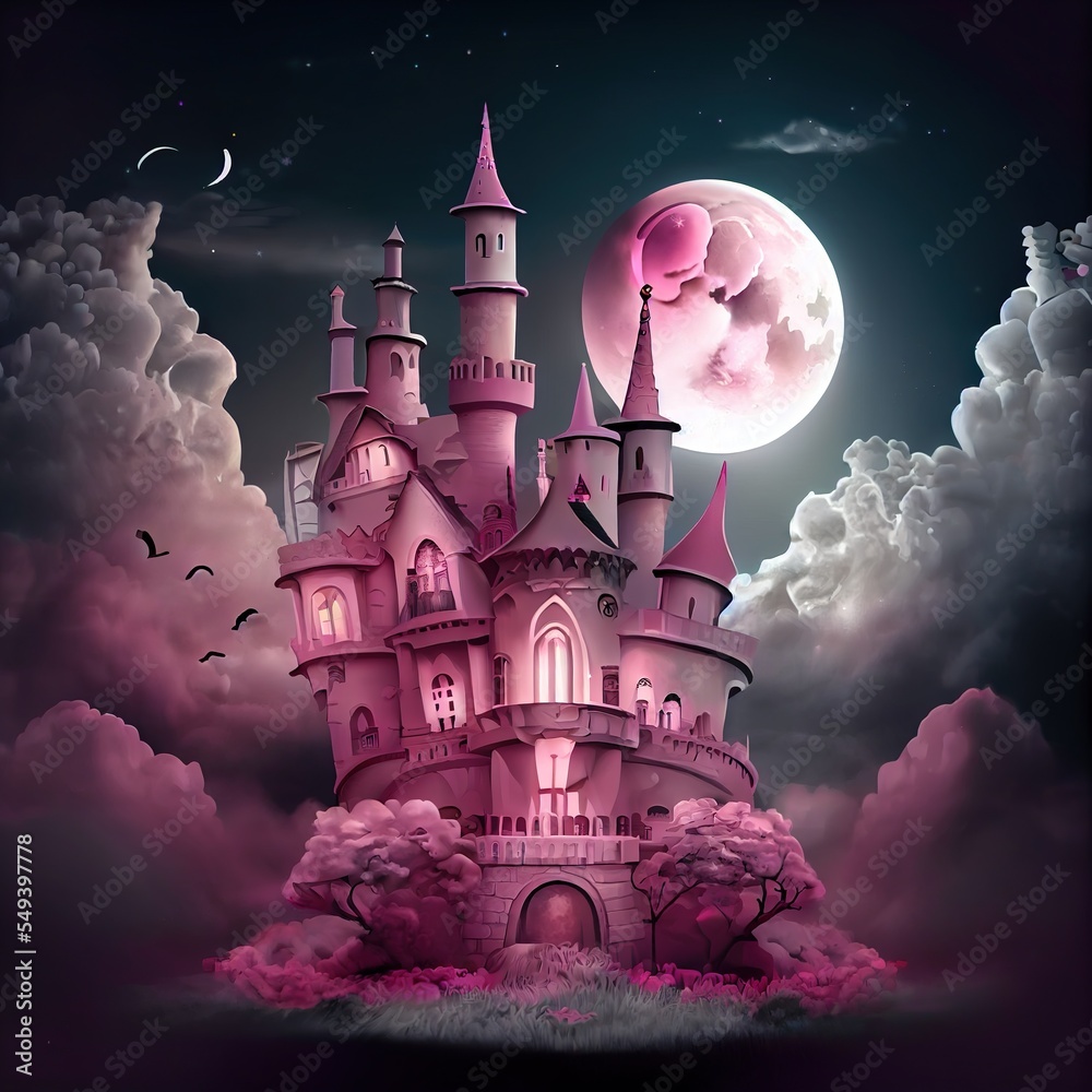 princess castle with pink towers, diagram, illustration with cloud ...