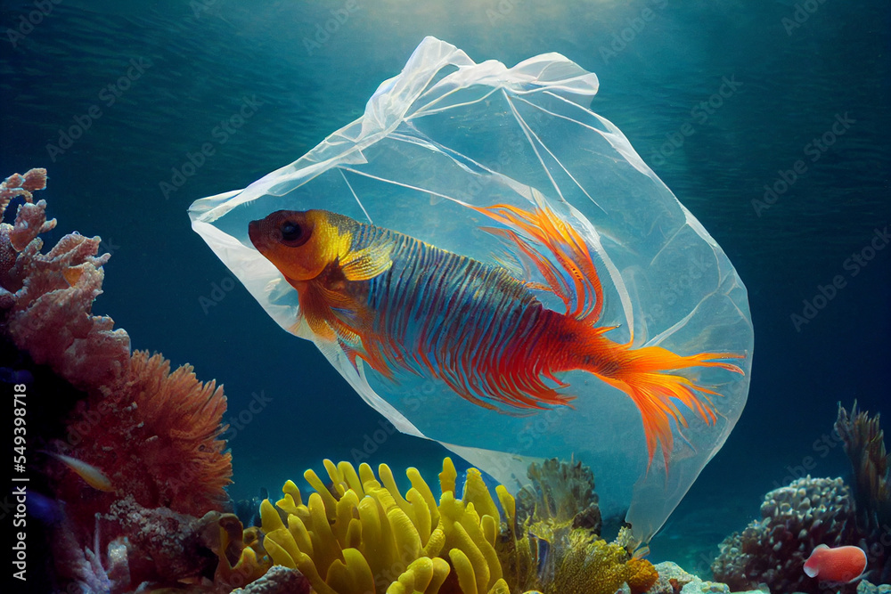 Tropical fish in the ocean trapped inside plastic bag. Pollution in the ...