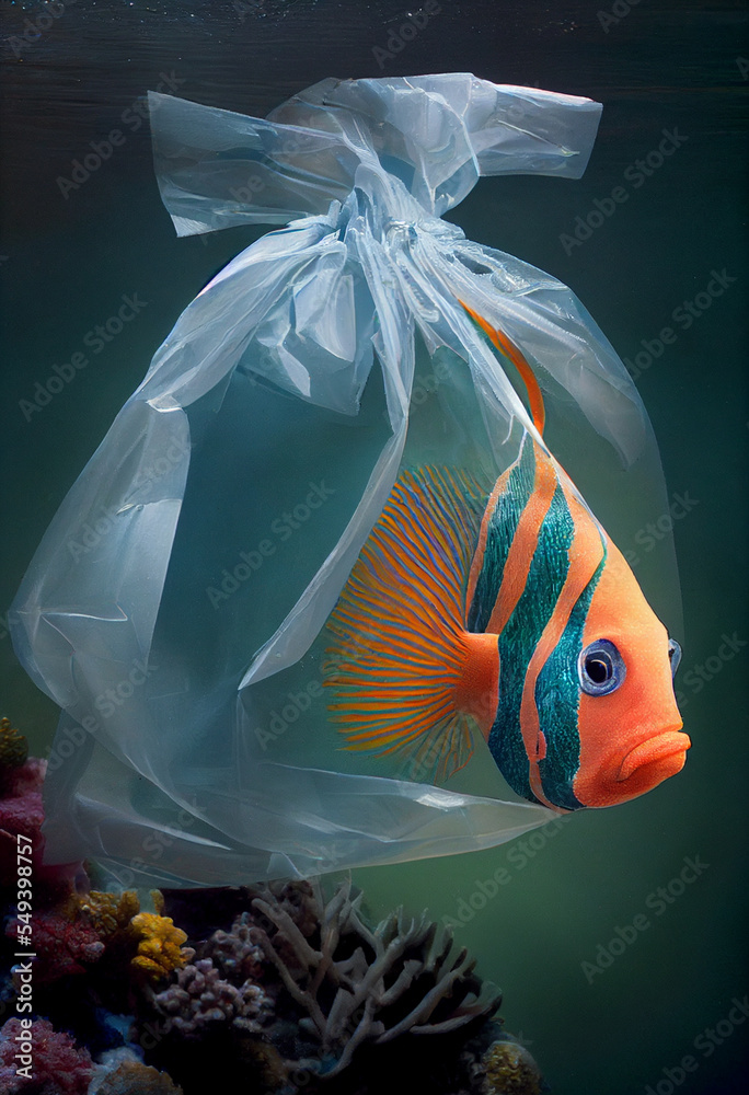 Tropical fish in the ocean trapped inside plastic bag. Pollution in the ...