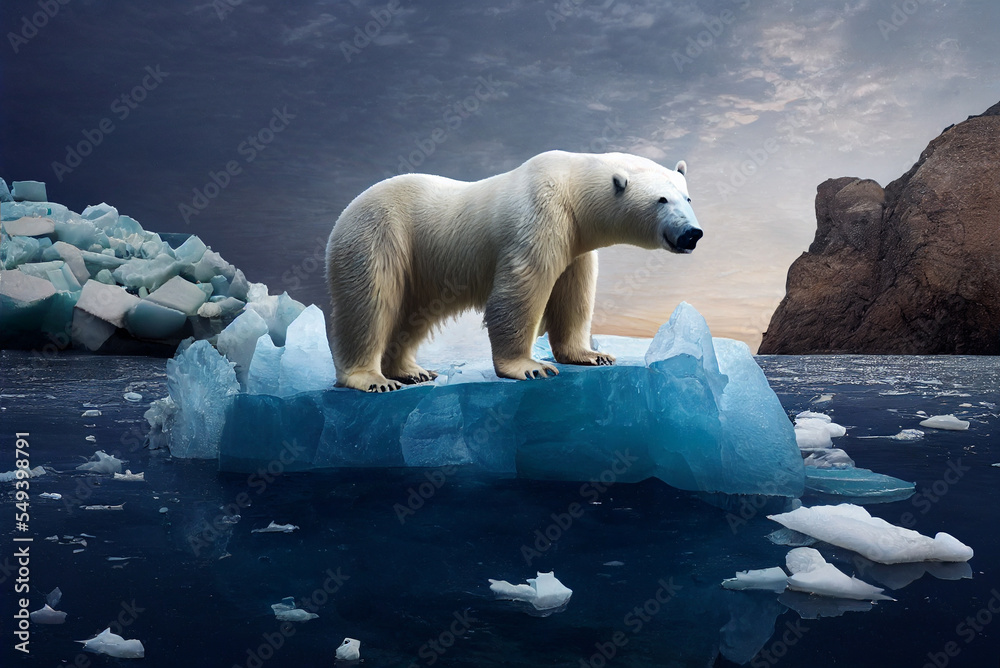 Polar bear on a tip of the melting iceberg. Environmental issues and ...