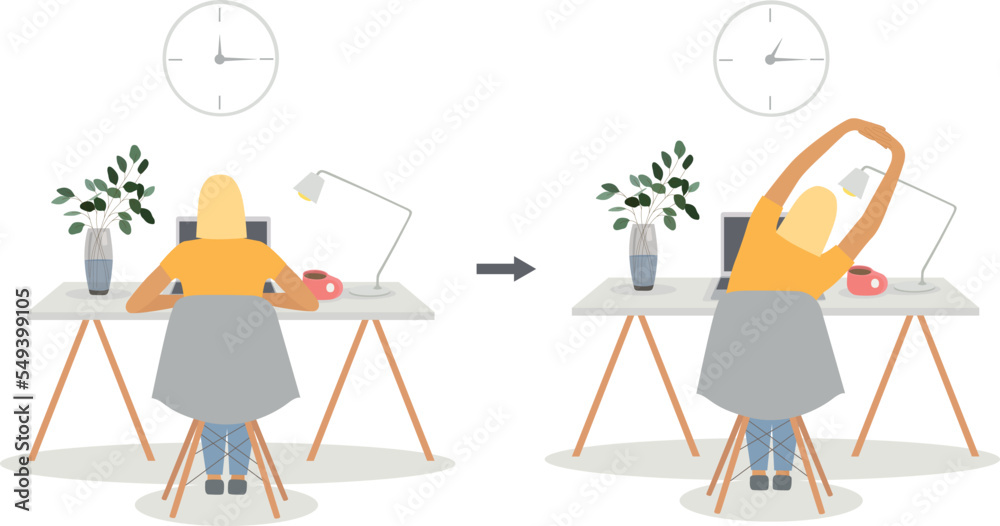 employee doing physical exercises in office. Worker health and body ...