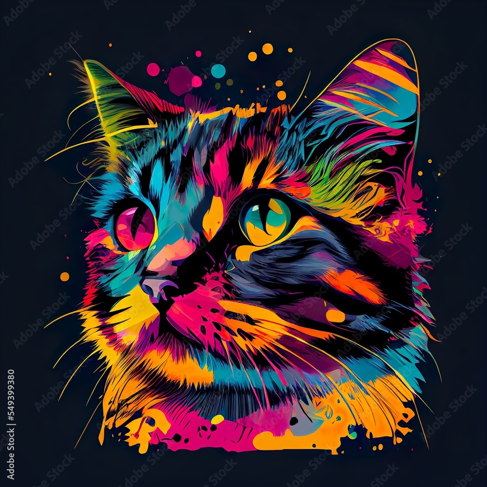 colorful cat pop art portrait, a colorful mask with a black background ...