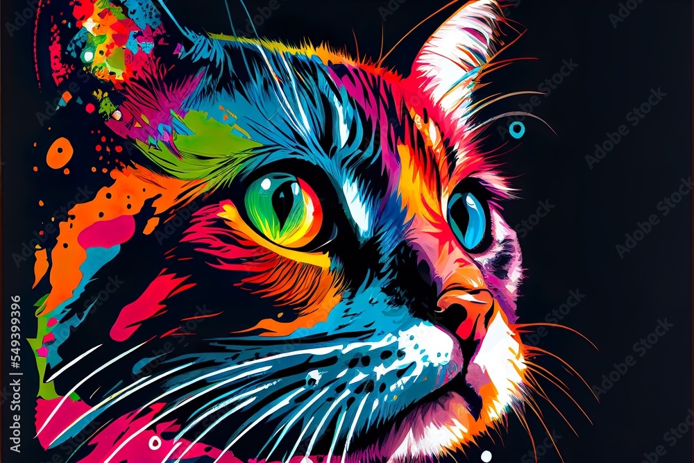 colorful cat pop art portrait, a colorful butterfly with black and ...