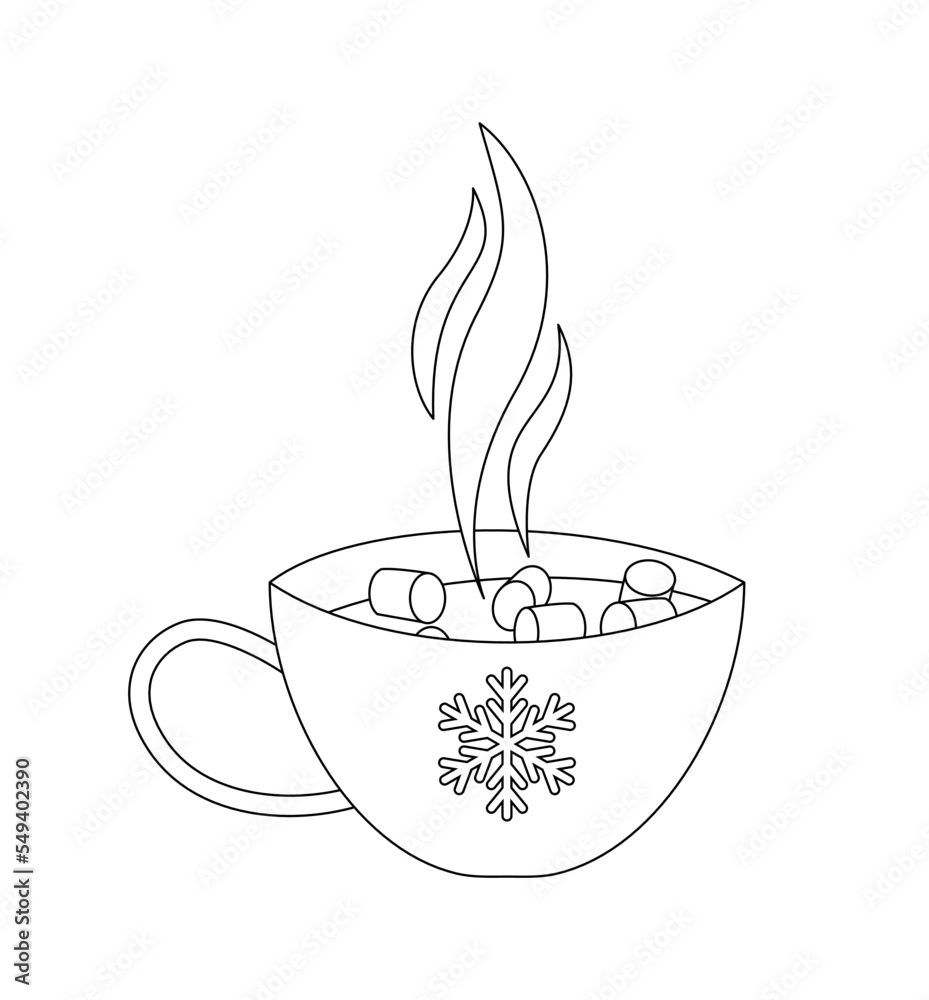 Cup of hot cocoa with marshmallows coloring page. Black and white hot ...