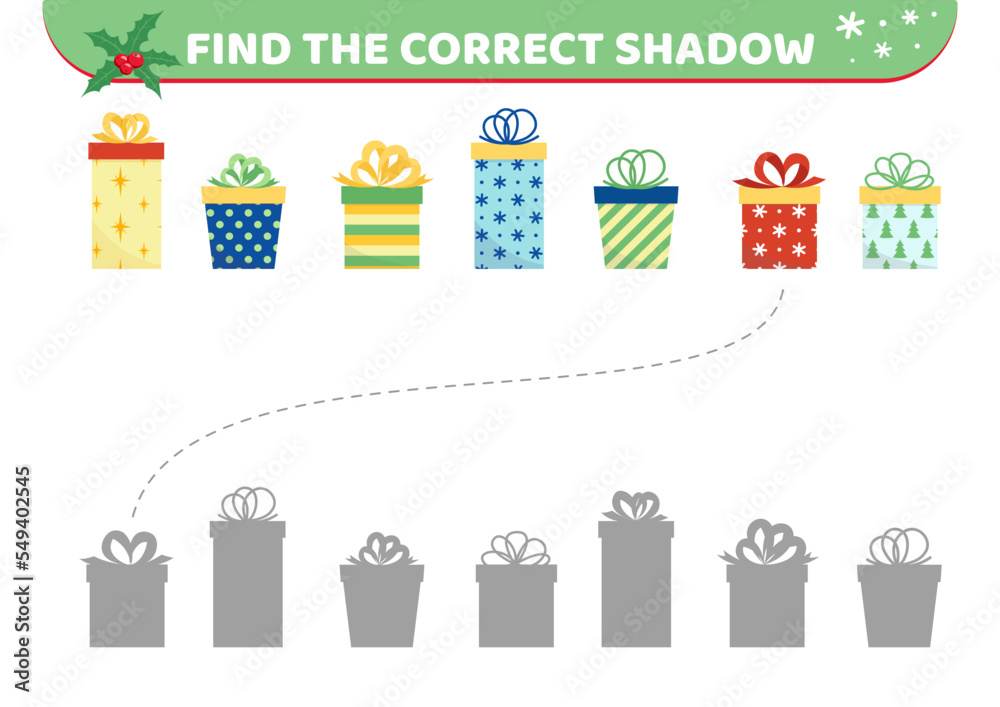Gifts. Find the correct shadow. Shadow matching game. Christmas ...