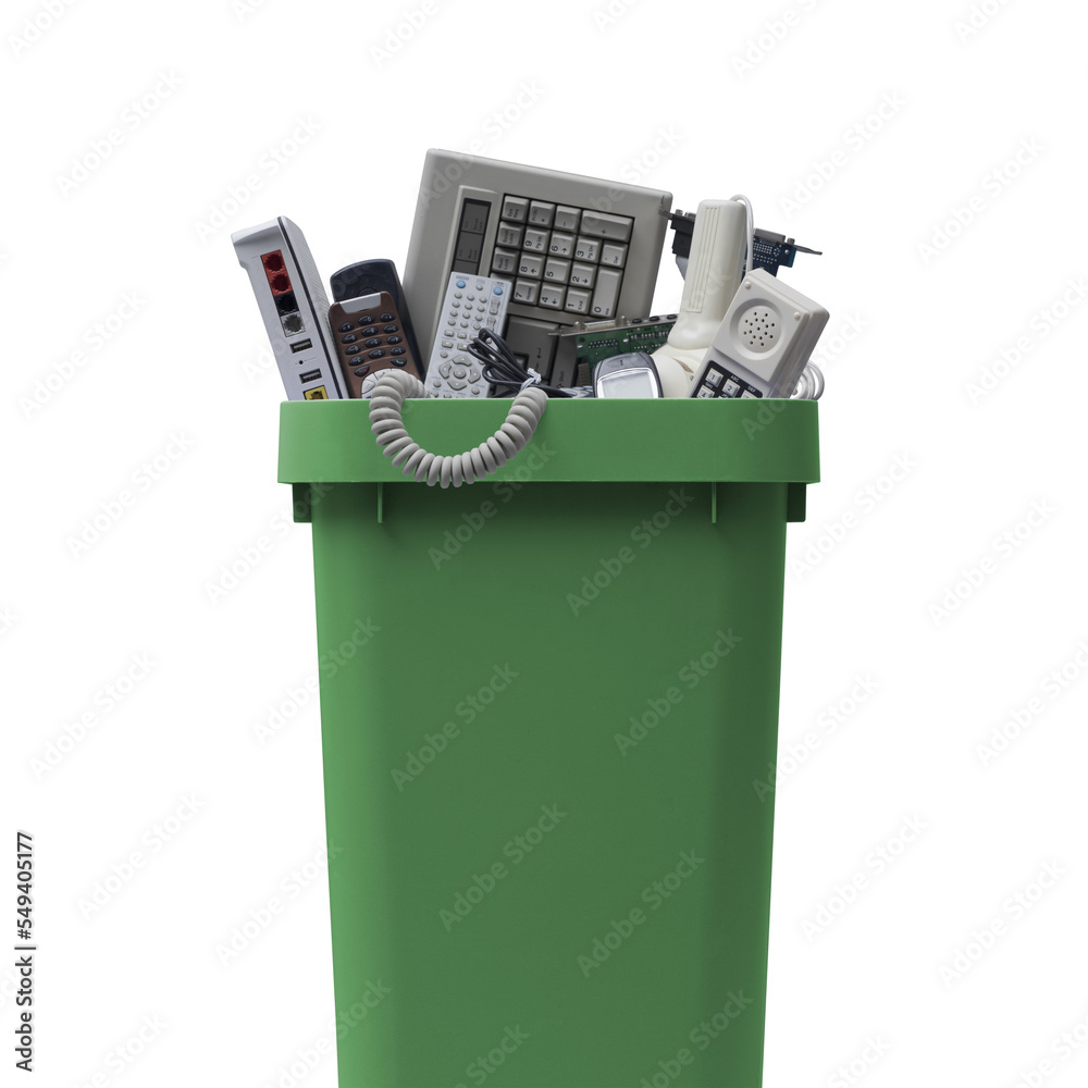 PNG file no background Waste bin full of e-waste Stock Photo | Adobe Stock