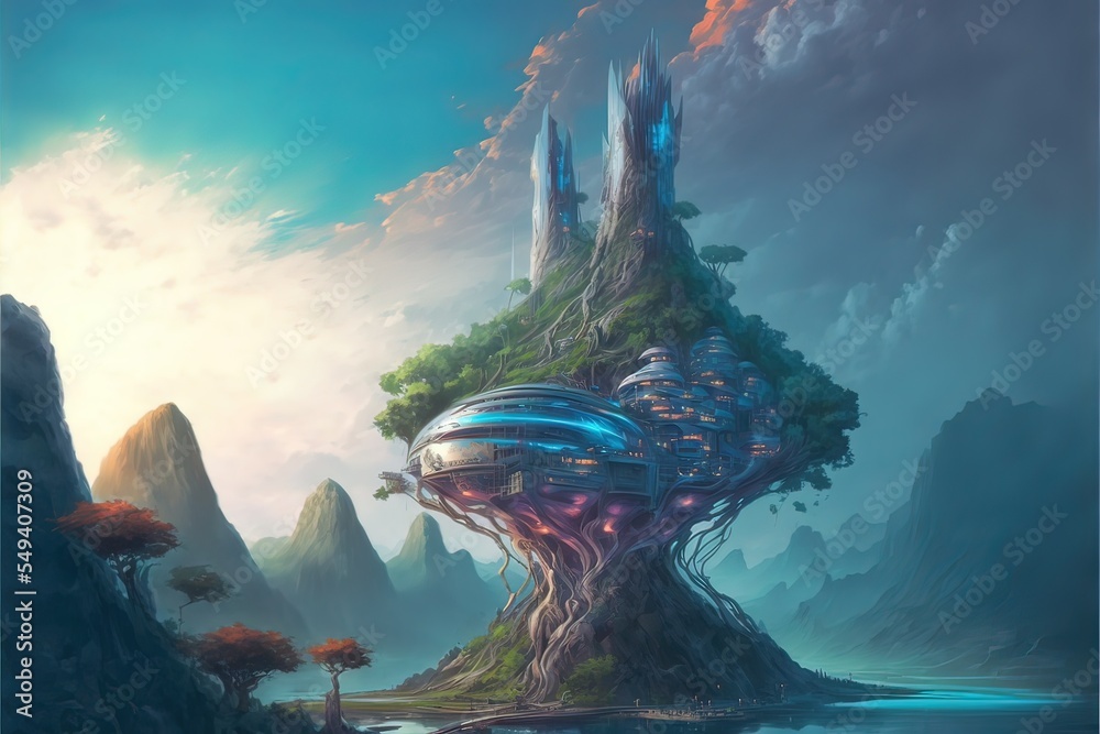 future city skyline on big tree. concept fantasy skyscrapers, towers ...