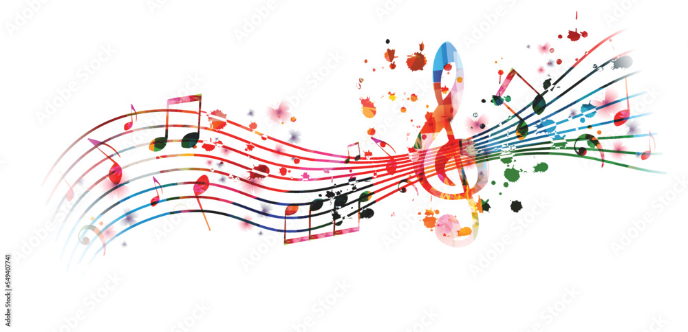 Vibrant music background with colorful musical notes and G-clef ...