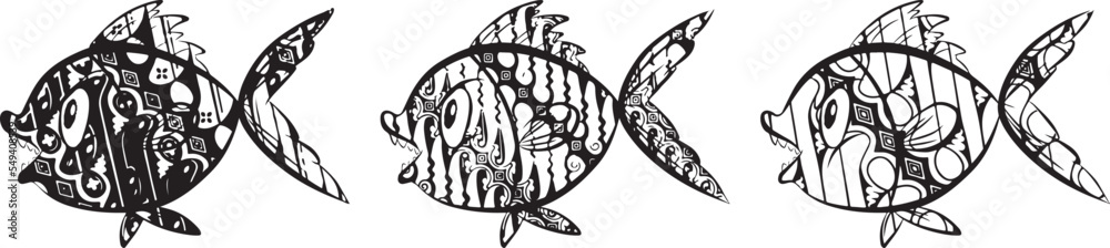 fish icons showing aquatic animals with various fins, scales, tail and ...