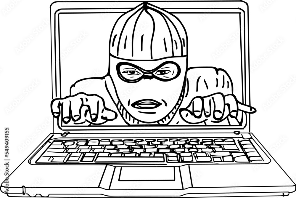 Online Thief trying to hack personal information, cyber thief on internet device and laptop ...