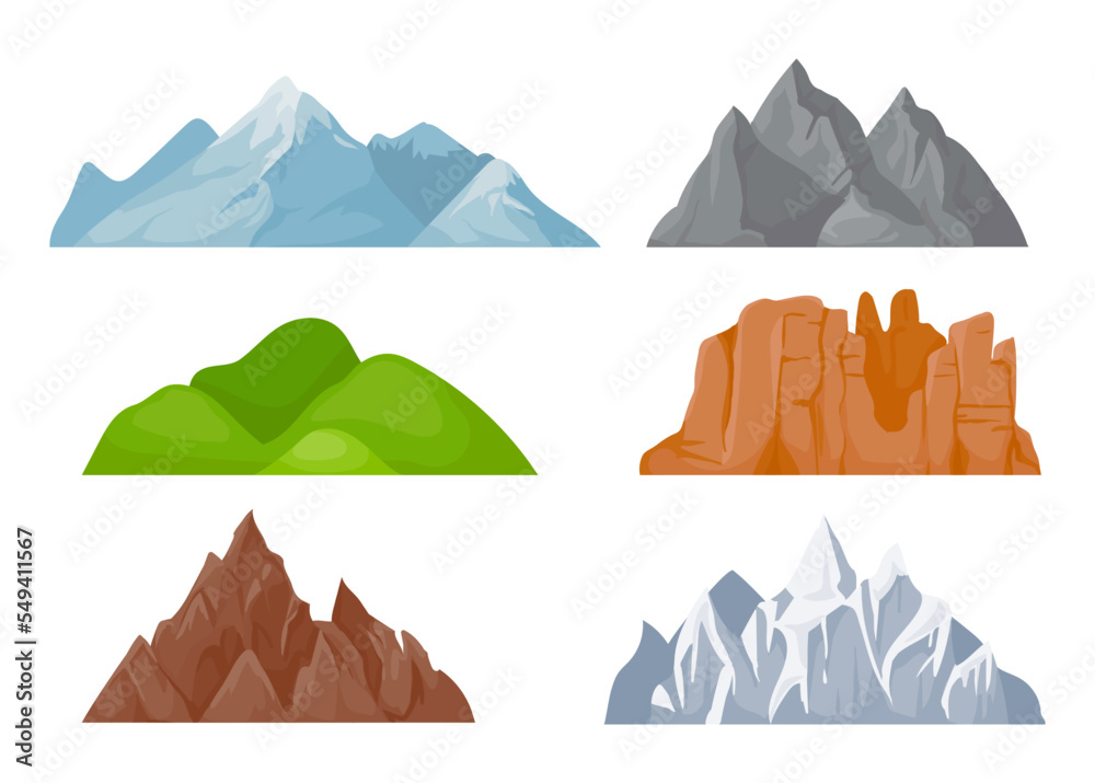 Cartoon mountains ridges. Nature landscape elements with snowy tops ...