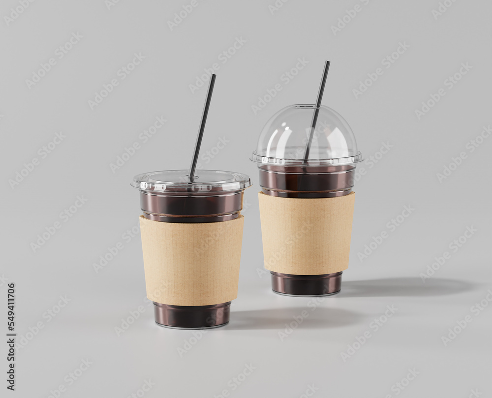 A realistic transparent disposable ice cup with a cup holder ...