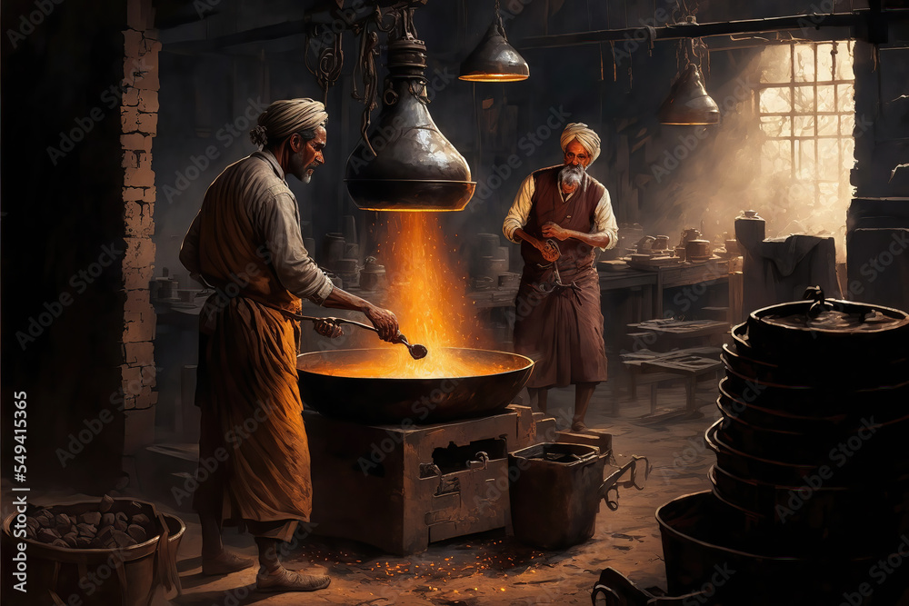 Ai Generated Image Of An Ancient Indian Foundry Liquid Iron Molten