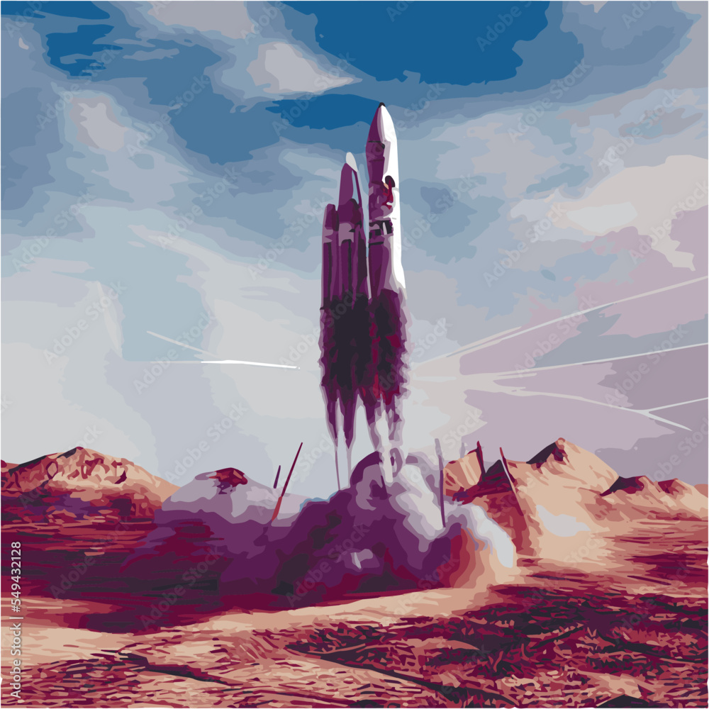 The outer space launch system takes off. Vector illustration , astronomy, space exploration ...