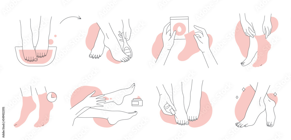 Vetor de Foot care set of line icons vector illustration. Hand drawn ...