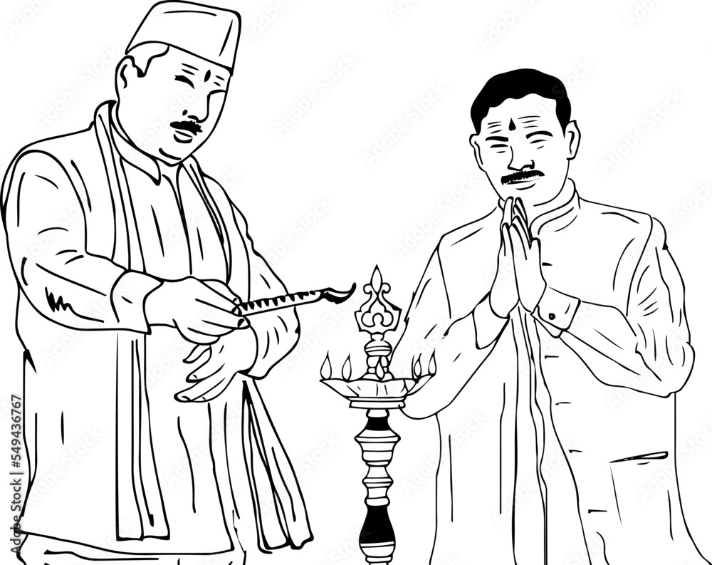 lighting the lamp hindu rituals vector illustration, deepak sketch ...