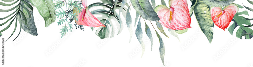 seamless pattern tropical border with watercolor.Tropical leaves ...