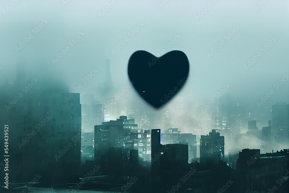 A heart shaped silhouette stands amid a busy cityscape; the scene is ...